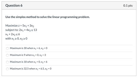 solved question 6 0 1 pts use the simplex method to solve
