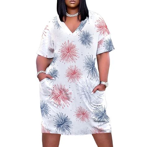 Red White Blue Firework Pattern Background Womens Summer Short Sleeve