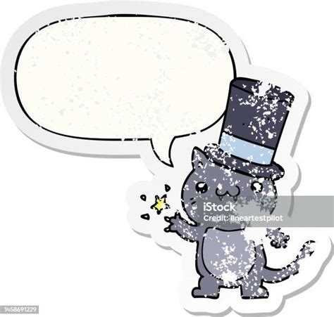 만화 고양이 모자를 쓰고 연설 거품 고민 고민 오래 된 스티커 귀여운에 대한 스톡 벡터 아트 및 기타 이미지 귀여운 그런지