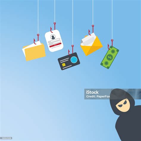 해커 및 사이버 범죄자 피싱 신원 도용 사용자 로그인 비밀번호 문서 이메일 및 신용 카드 해킹 및 웹 보안 인터넷 피싱 개념입니다 벡터 그림 감시에 대한 스톡 벡터 아트 및