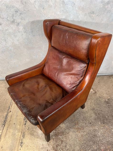 Danish Leather Wingback Armchair Vintage 1970 Hand Dyed Patinated Brown