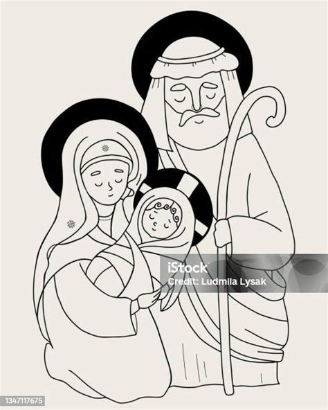 그리스도의 출생예수 거룩한 가족의 벡터 그림 성마리 노인 조셉과 아기 예수 선형 손 그리기 윤곽선 메리 크리스마스 인사말 카드 디자인 장식 및 인쇄용 가족에 대한 스톡 벡터