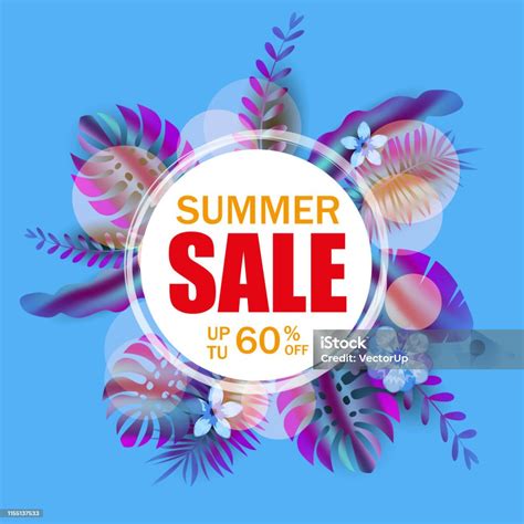 여름 판매 배너 야자수 잎 정글 잎 그라데이션 홀로그램 포스터 꽃 열 대 여름 배경입니다 벡터 일러스트 레이 션 템플릿 가격에 대한 스톡 벡터 아트 및 기타 이미지 Istock