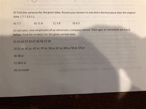 solved d find the variance for the given data round your