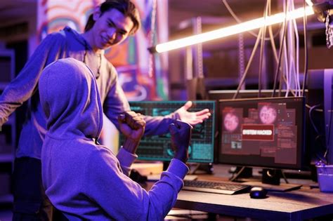Premium Photo Smiling Criminals Hacking Database And Showing Victory Gesture After Successful