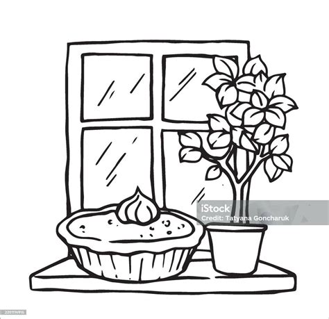 홈메이드 파이가 창가에 서 있습니다 낙서 스타일의 벡터 일러스트 레이 션 가정 생활에 대한 스톡 벡터 아트 및 기타 이미지 가정 생활 과일 낙서 드로잉 Istock