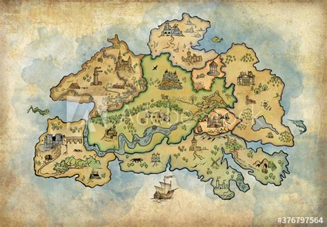 Old Vintage Map Of An Island With Kingdoms Stock Illustration
