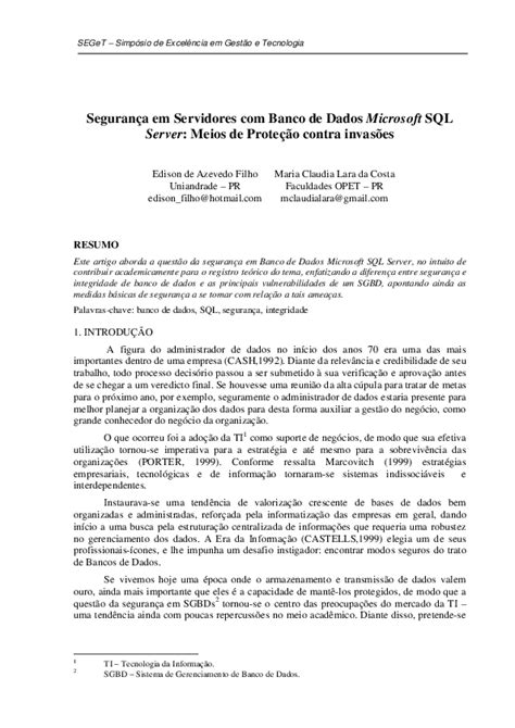 Pdf Segurança Em Servidores Com Banco De Dados Microsoft Sql Server