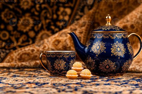 Traditional Middle Eastern Tea Ceremony Showcasing A Beautiful Blue And