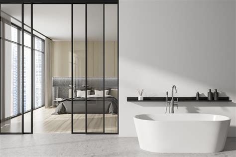 침대 욕조 탁 트인 창문이 있는 세련된 호텔 스튜디오 인테리어 모형 벽 로프트 아파트에 대한 스톡 사진 및 기타 이미지 로프트 아파트 문 0명 Istock