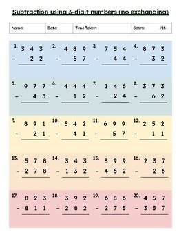 Digit Subtraction No Exchanging Worksheet By The SubstituteTeacher