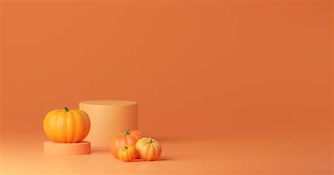 오렌지 배경에 제품 연단과 3d 레이아웃 할로윈 장면 호박 무대 와 디스플레이 연단 배너 할로윈 또는 추수 감사절에 대한 광고 모형을위한 가을 3d 디자인 템플릿 3차원
