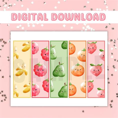 Kawaii Printable Fruits Bookmarks 5 Bookmarks Digital Download Kawaii