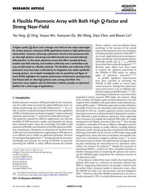 A Flexible Plasmonic Array With Both High Q‐factor And Strong Near‐field