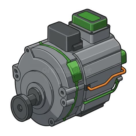 Isometric Illustration Of A Grey Electric Motor With Green And Orange Components Stock