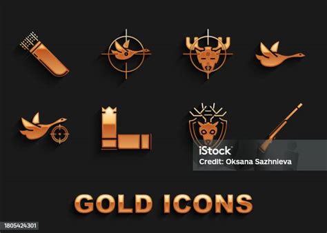 카트리지 날아다니는 오리 사냥용 총 방패에 뿔이 달린 사슴 머리 십자선 무스 화살통 화살 아이콘을 설정합니다 벡터 거위 새에 대한 스톡 벡터 아트 및 기타 이미지 Istock