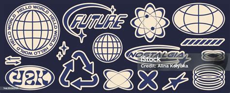 복고풍 미래 스티커 Y2k 스타일의 추상 그래픽 기하학적 기호와 개체 메모 포스터 배너 스티커 명함 로고에 대한 템플릿 2000 년대의 향수 스티커에 대한 스톡 벡터 아트