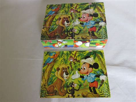 Vintage Disney Mickey Mouse Puzzle Blocks In Original Handled Box Sided Cubes Pictures