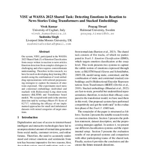 Visu At Wassa 2023 Shared Task Detecting Emotions In Reaction To News Stories Using