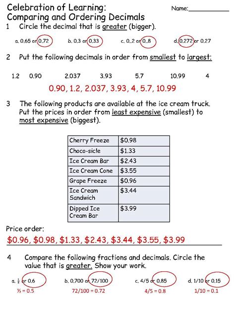 Comparing And Ordering Decimals Quiz With Key Decimal Place Value Assessment