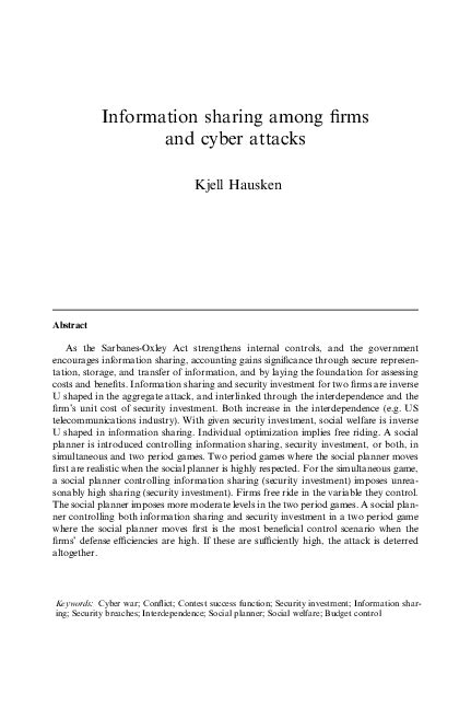 Pdf Information Sharing Among Firms And Cyber Attacks Kjell Hausken