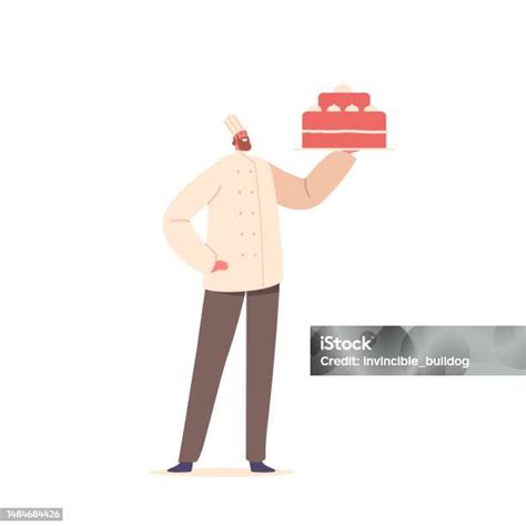 페이스트리 셰프 남성 캐릭터가 하얀 배경에 고립된 아름다운 케이크를 자랑스럽게 선보이고 있다 베이커 직업 벡터 일러스트레이션