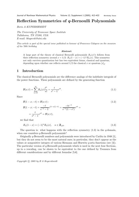 Pdf Reflection Symmetries Of Q Bernoulli Polynomials