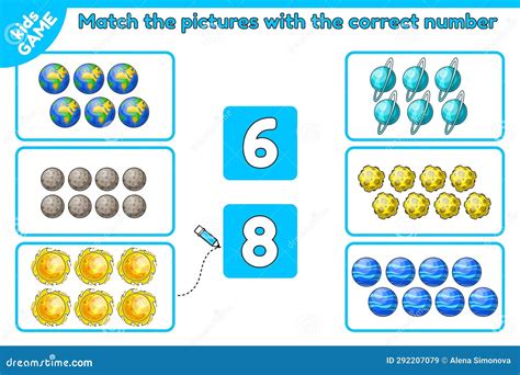 Math Game Match Space Objects With Correct Number Stock Illustration