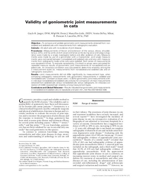 Pdf Validity Of Goniometric Joint Measurements In Cats