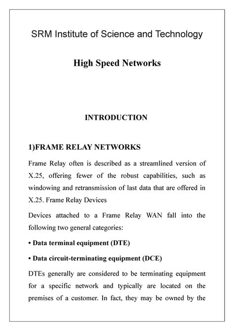 Network Lecture Notes SRM Institute Of Science And Technology High Speed Networks