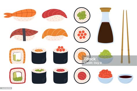 일본 스시 롤 세트 아시아 음식의 큰 컬렉션 손으로 그린 컬러 플랫 벡터 그림은 메뉴 레스토랑 배달 카페를 위한 그림입니다 간장에 대한 스톡 벡터 아트 및 기타 이미지