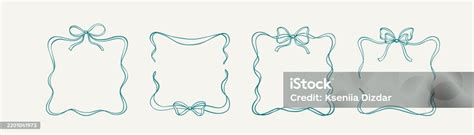 사각형 기발한 활 리본 프레임 세트 요염한 물결 모양의 스크롤 테이프 테두리 빈티지 번영 손으로 그린 스케치 벡터 일러스트 레이 션 결혼식 생일 베이비 샤워 파티 초대