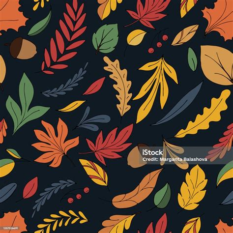 낙서 스타일의 파란색 배경에 화려한 단풍과 도토리의 매끄러운 벡터 패턴 10월에 대한 스톡 벡터 아트 및 기타 이미지 10월 11월 9월 Istock