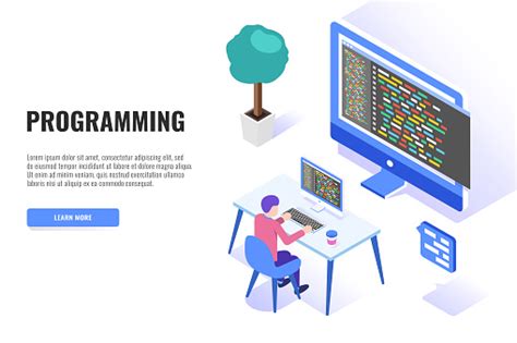 프로그래밍 개념 직장에서 웹 엔지니어 데스크톱 컴퓨터에서 작업하는 남자 웹 배너 인포 그래픽 아이소메트릭 벡터 그림입니다 개념에