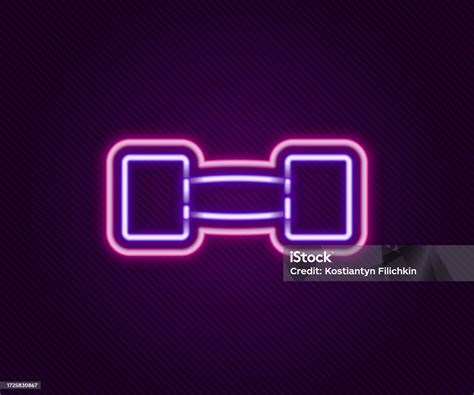 검은 색 배경에 고립 된 빛나는 네온 라인 아령 아이콘 근육 리프팅 아이콘 피트니스 바벨 체육관 스포츠 장비 운동 범벨 다채로운 개요 개념 벡터 건강한 생활방식에 대한 스톡