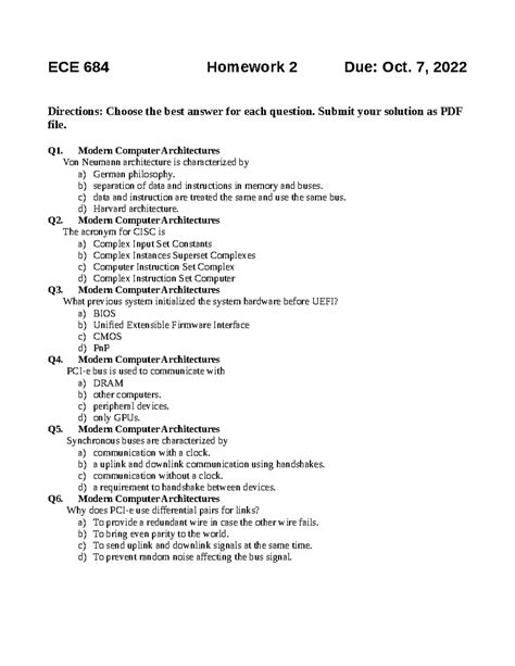 HW Homework Questions ECE Homework Due Oct Directions Choose The Best