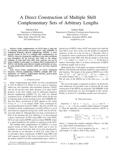 pdf a direct construction of multiple shift complementary sets of