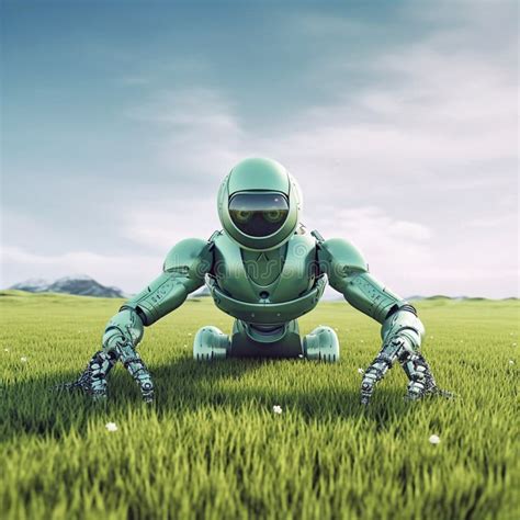 Female Robot Doing Yoga On Green Grass Generative Ai Stock