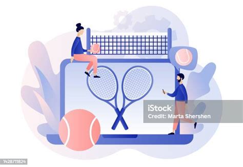 테니스 코트 테니스 라켓 및 공 스포츠 클럽 온라인 그룹 활동 훈련 챔피언십과 토너먼트 현대 플랫 만화 스타일 흰색 배경에 벡터