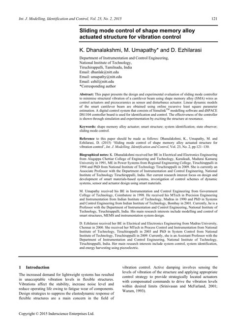 Pdf Sliding Mode Control Of Shape Memory Alloy Actuated Structure For Vibration Control