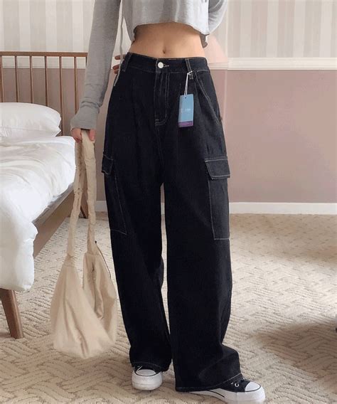 기장선택~2xl 카고 밴딩 핀턱 흑청 데님 통 와이드 청 팬츠 2col 에이블리