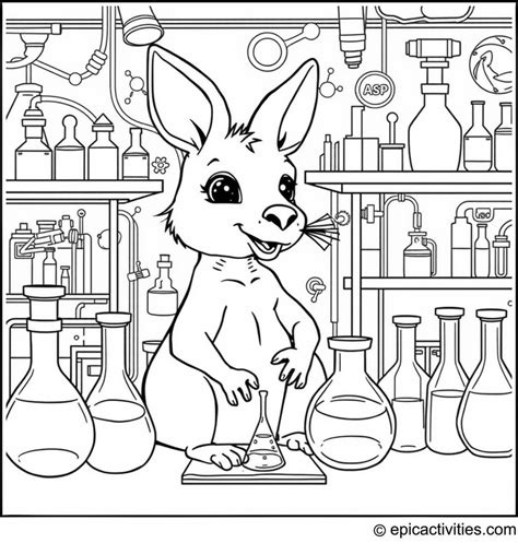 coloring page of a kangaroo scientist in a lab
