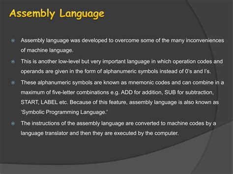 Features Of Machine Language Assembly Language High Level Language