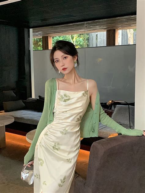 섹시한 니트 가디건 프린트 스파게티 스트랩 백리스 스플릿 민소매 우아한 바디콘 드레스 정장 2 피스 세트 여성용 의상 Aliexpress