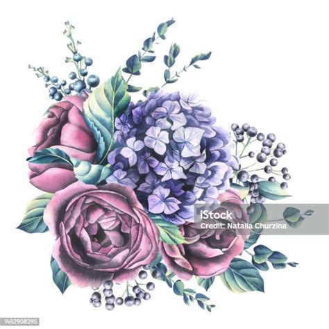 라일락 수국과 부르고뉴 장미 장식 열매 잎과 유칼립투스의 가지 수채화 그림입니다 웨딩 꽃 컬렉션의 구성 장식과 디자인을 위해 개화기에 대한 스톡 벡터 아트 및 기타 이미지
