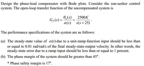 Solved Design The Phase Lead Compensator With Bode Plots