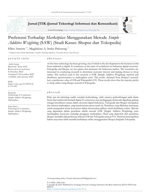 Pdf Preferensi Terhadap Marketplace Menggunakan Metode Simple