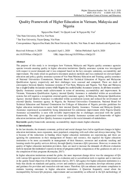 Pdf Quality Framework Of Higher Education In Vietnam Malaysia And