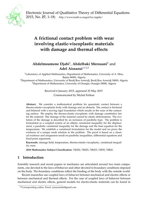 Pdf A Frictional Contact Problem With Wear Involving Elastic