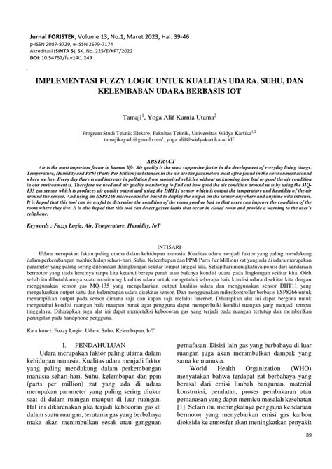 Pdf Implementasi Fuzzy Logic Untuk Kualitas Udara Suhu Dan Kelembaban Udara Berbasis Iot